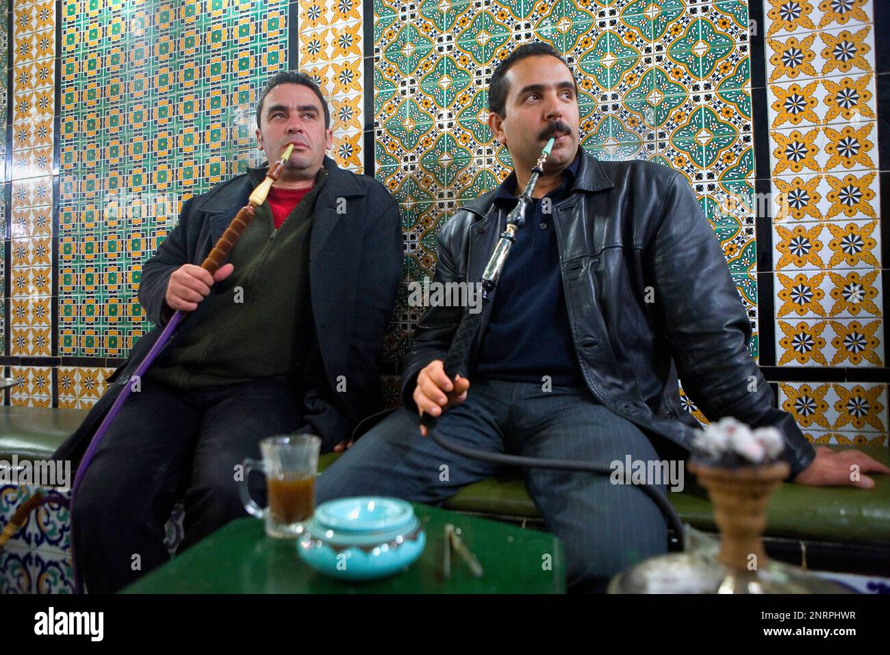Tunisia:City of Tunis.Medina. Smoking `chicha´ in Cafe des Turcs. Souk ...