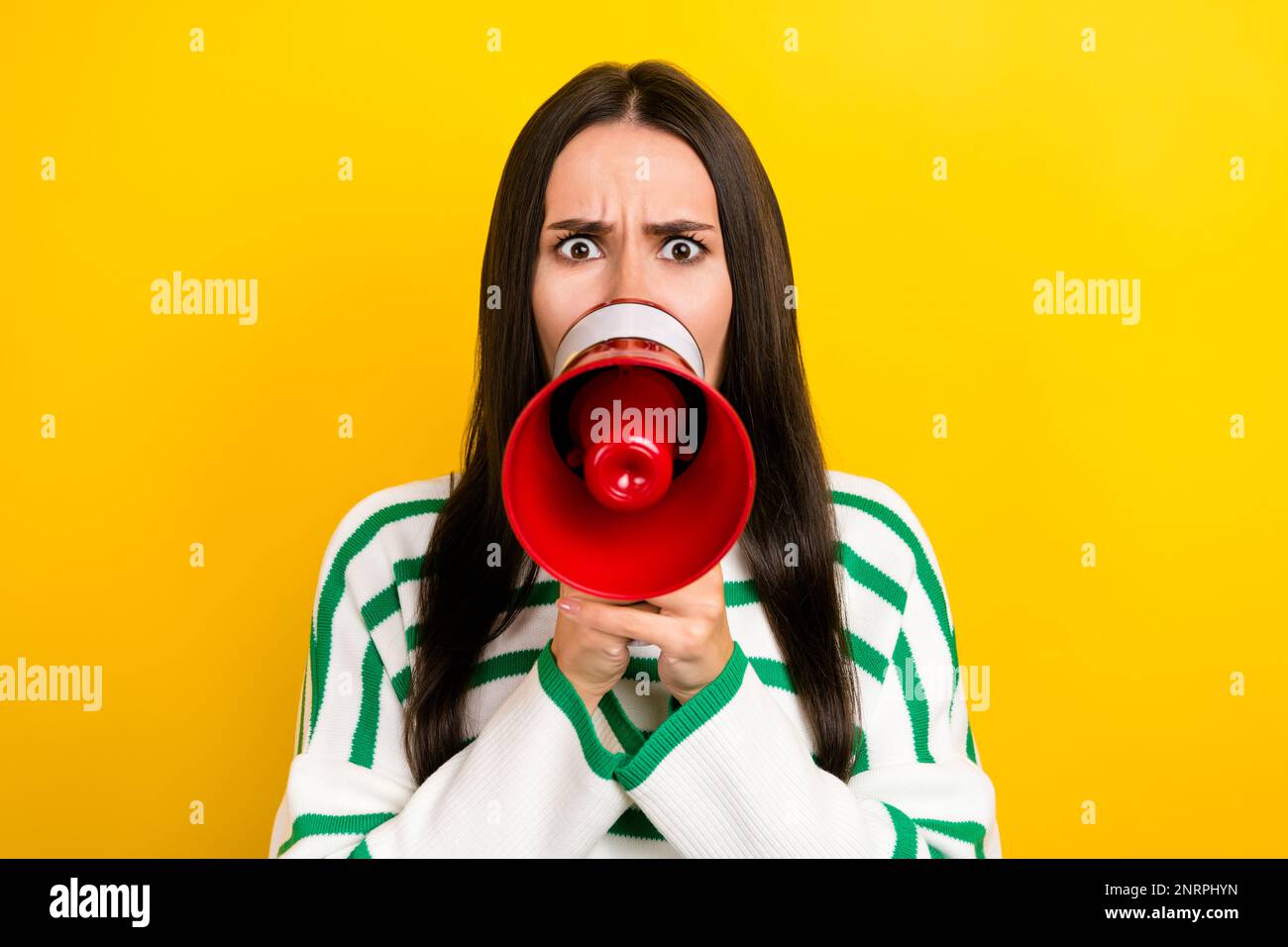Photo of serious angry woman wear striped sweater screaming you ...