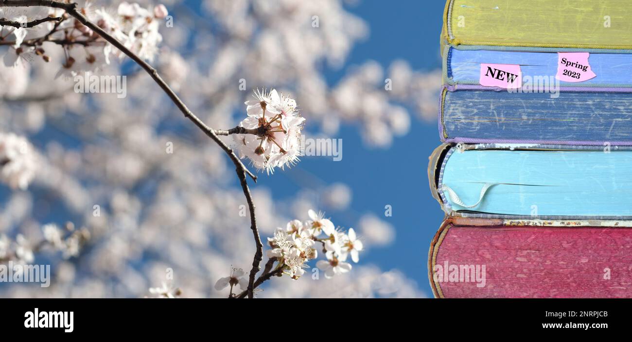New book releases for spring 2023, with stack of books and cherry ...