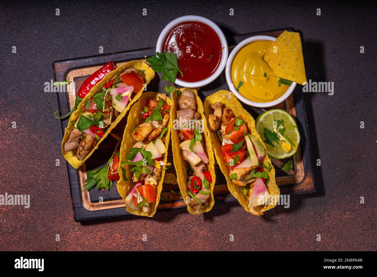 Traditional Mexican street food, fast food background, corn Taco ...