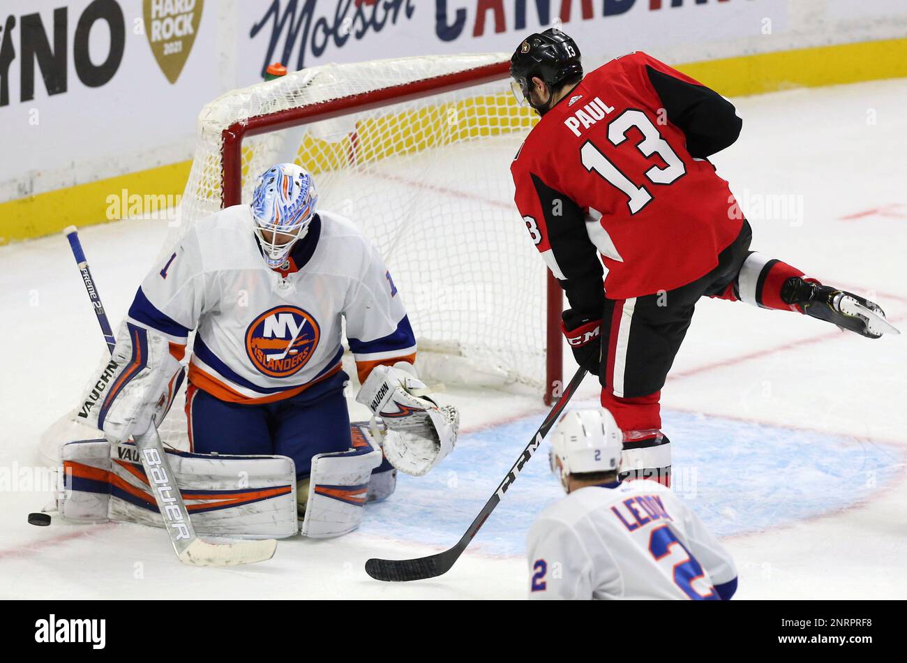 New York Islanders goaltender Thomas Greiss (1) makes a pad-save as Ottawa Senators left wing ...