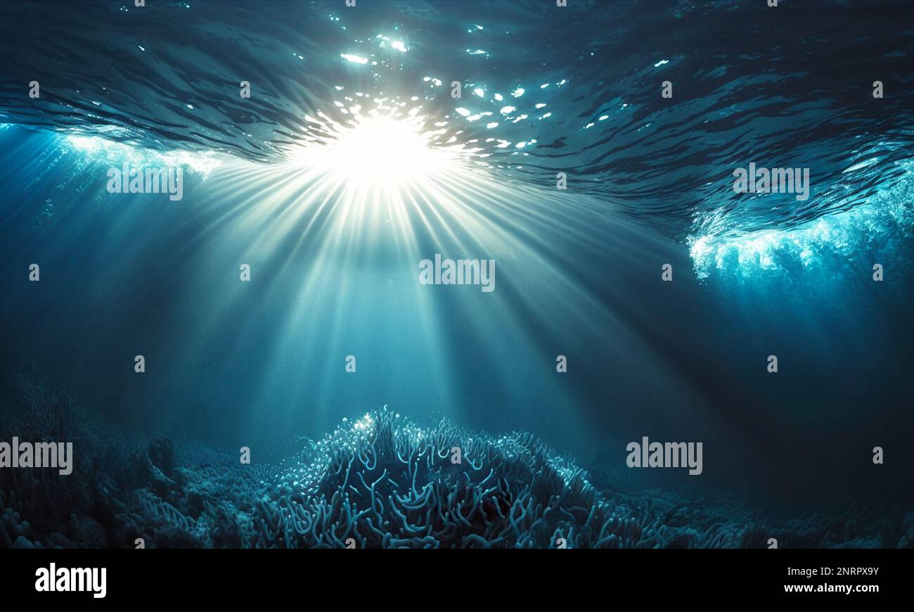 Beautiful under deep blue sea background. Undersea view with sunray. 3D ...