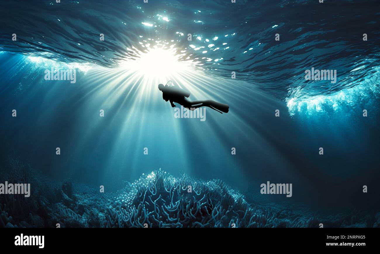 Scuba diving under deep blue sea. Diver swim undersea cave with sunray ...