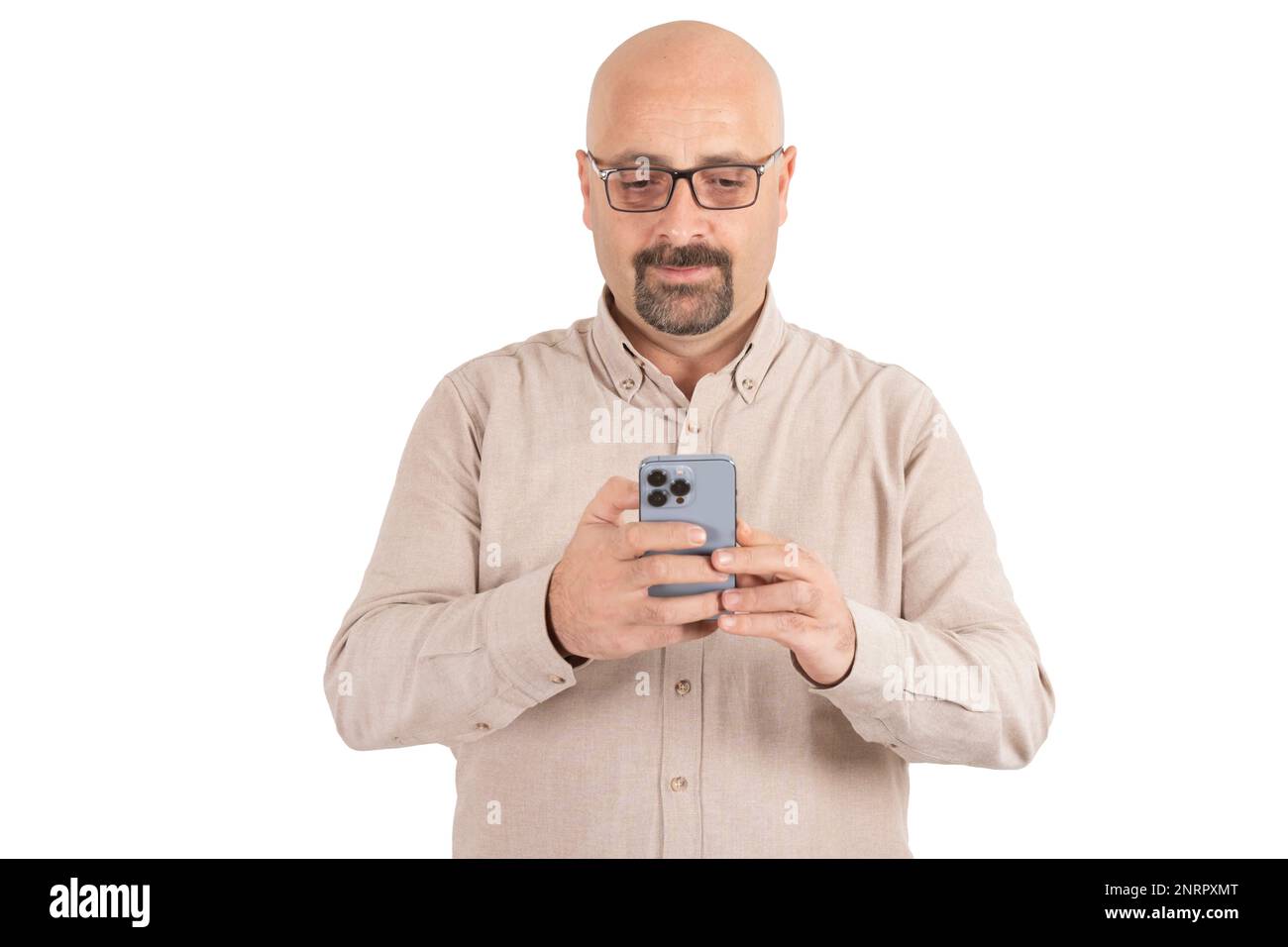 Portrait of caucasian millennial man using modern smartphone. Browsing internet, scrolling ...