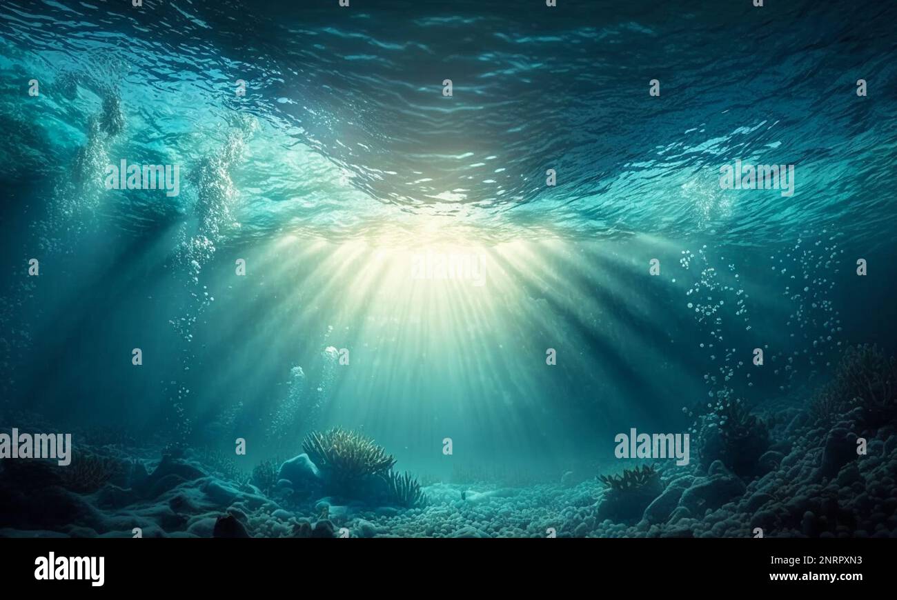 Beautiful under deep blue sea background. Undersea view with sunray. 3D ...
