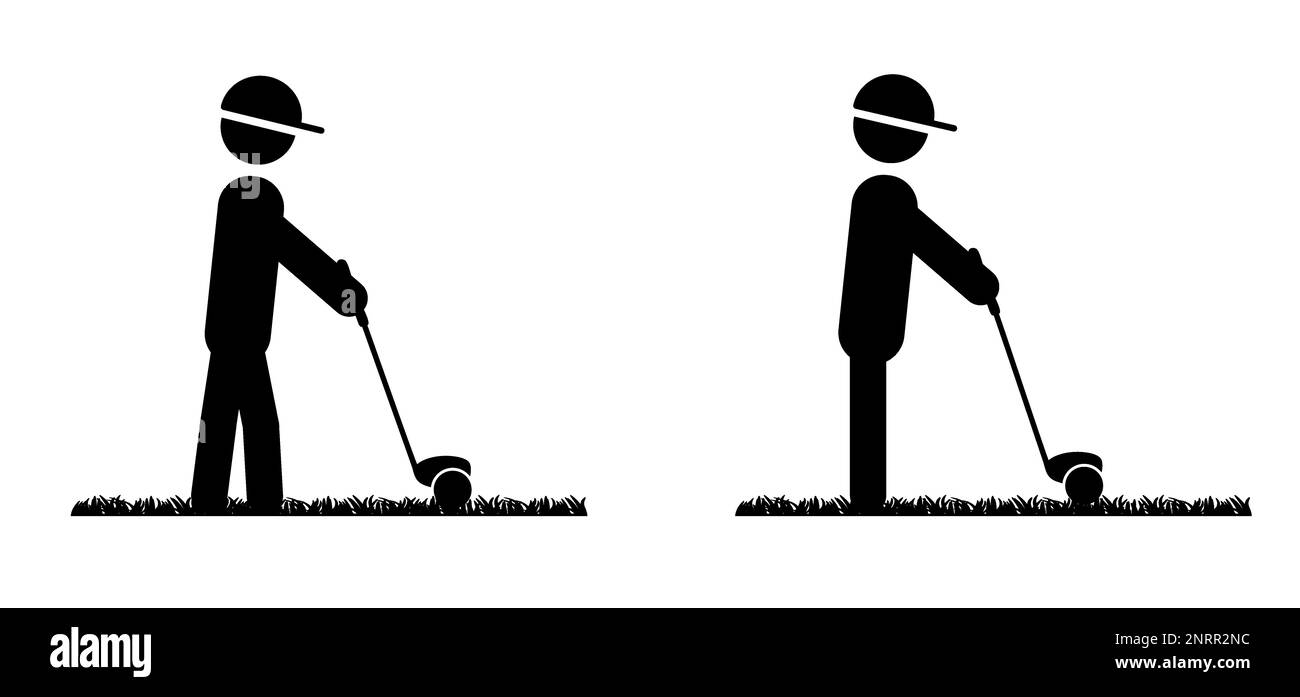 Stickman, stick figure man with golf stick and grass field. Golf player ...