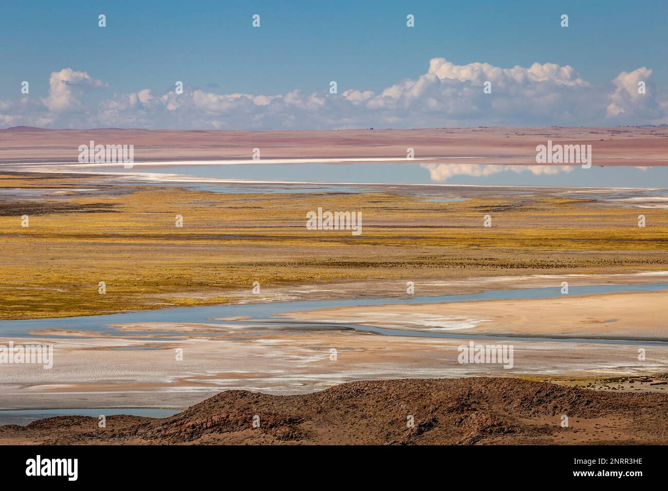 Salt lake reflection and idyllic volcanic landscape at Sunset, Atacama ...