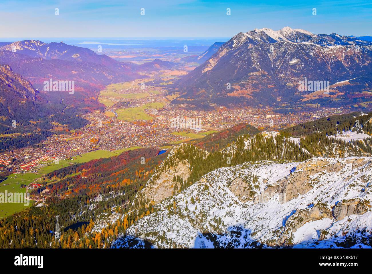 Bavarian alps and Garmisch Partenkirchen from above, Zugspitze massif ...