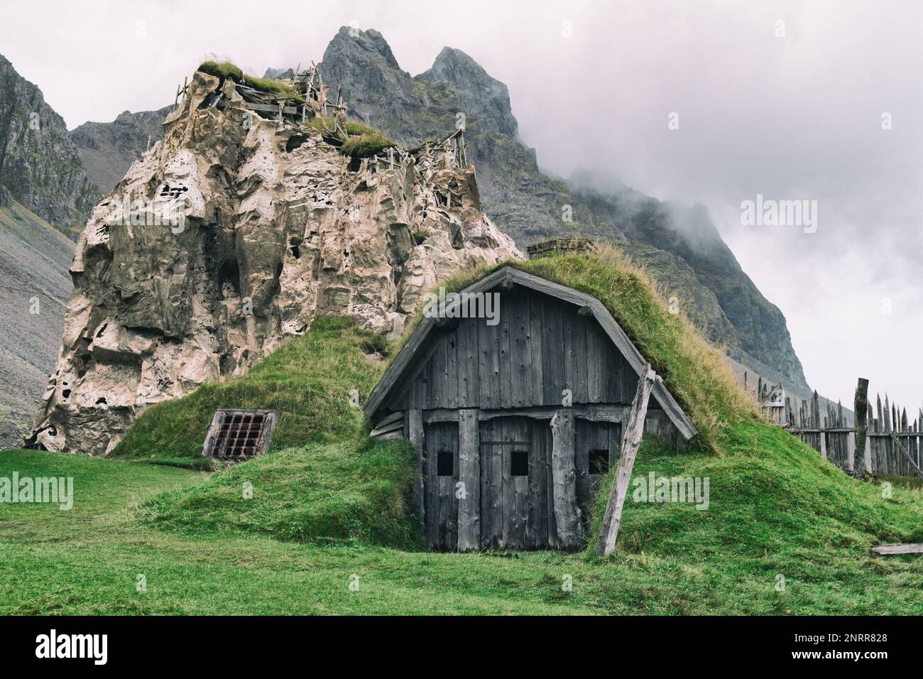 Traditional antique Viking village. Old wooden houses near Vestrahorn ...