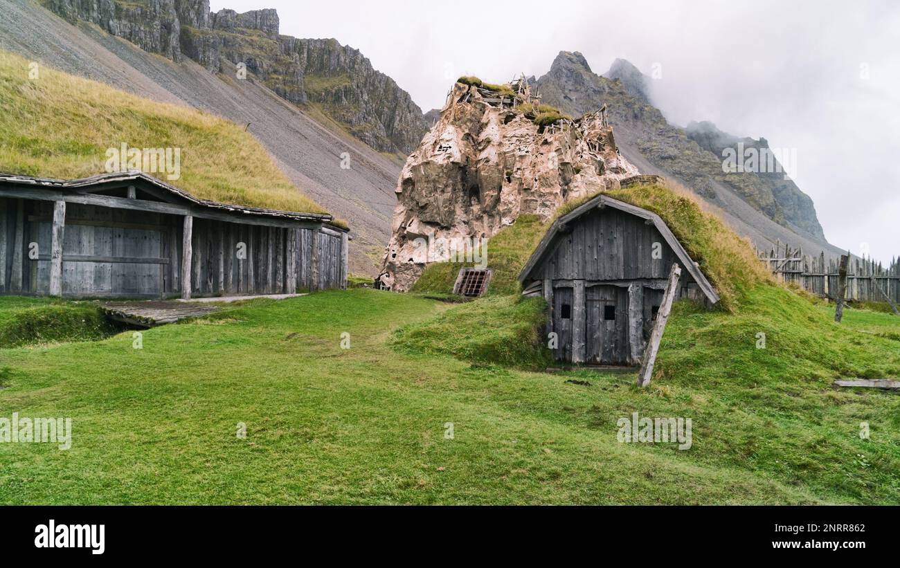 Traditional antique Viking village. Old wooden houses near Vestrahorn ...