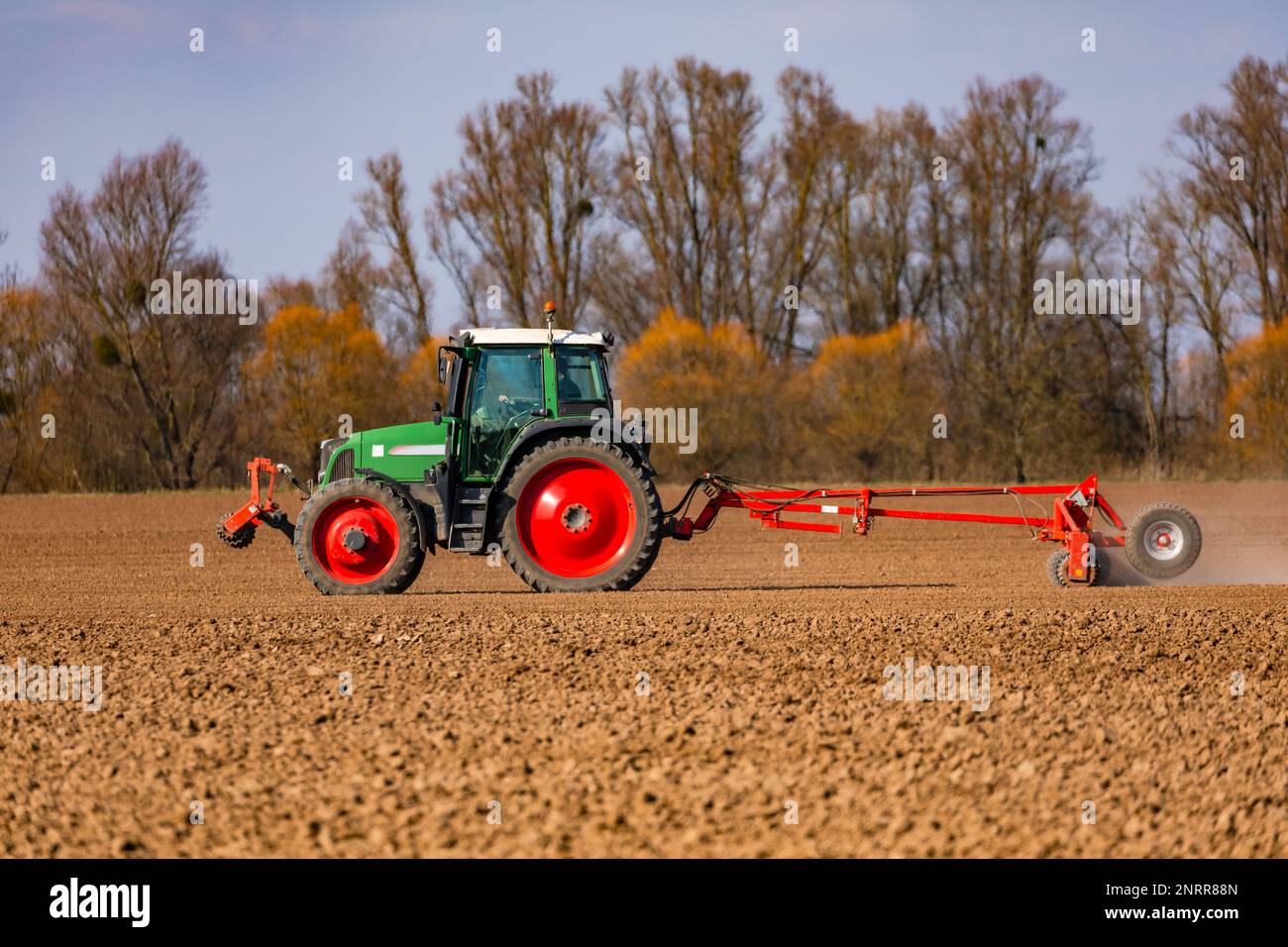 In the background, in front of a row of trees, a farmer is plowing a ...