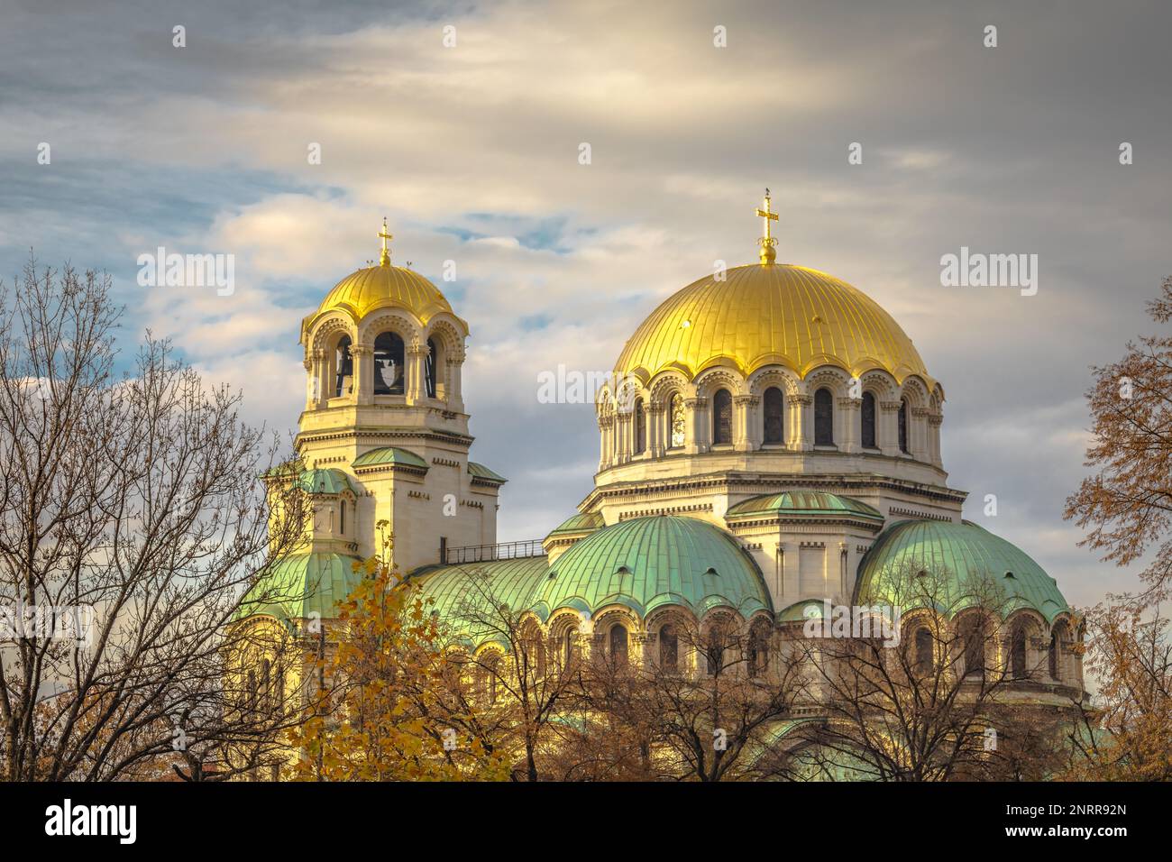Alexander Nevski cathedral square in Sofia at dramatic autumn sunset ...