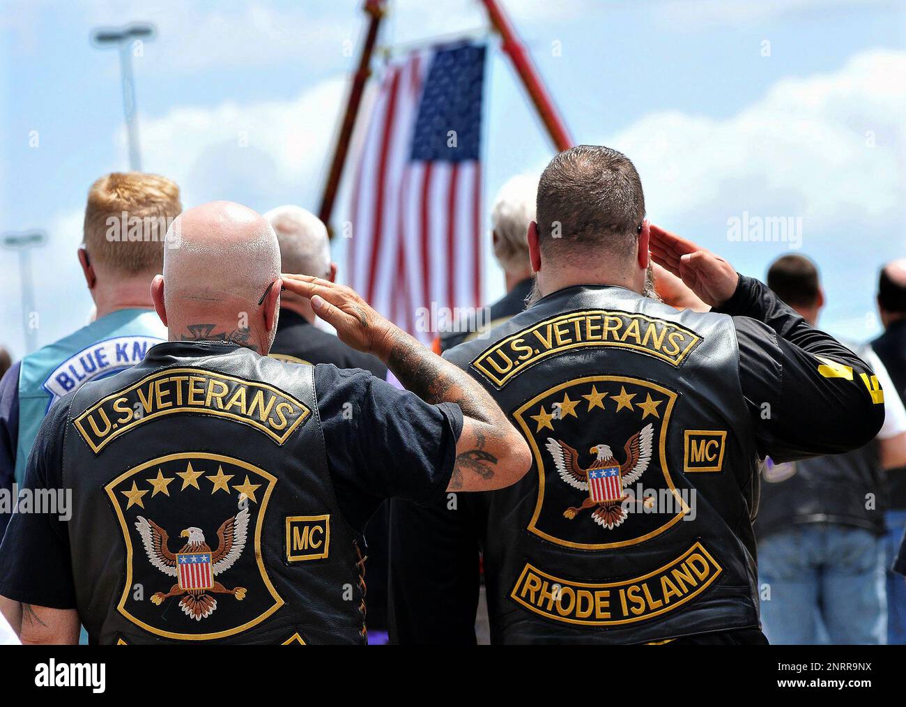 FILE - In this July 13, 2019, file photo, members of the U.S. Veterans Motorcycle Club salute ...