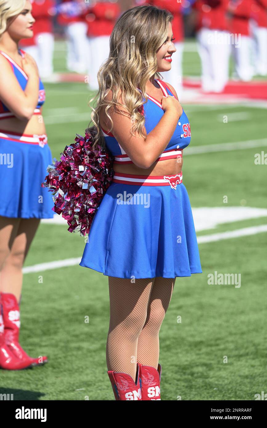 SMU Mustangs cheerleaders observe the playing of the national anthem ...