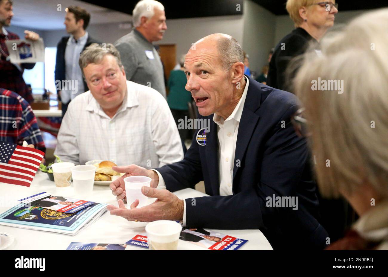 U.S. Senate candidate Michael Franken speaks with attendees during the ...