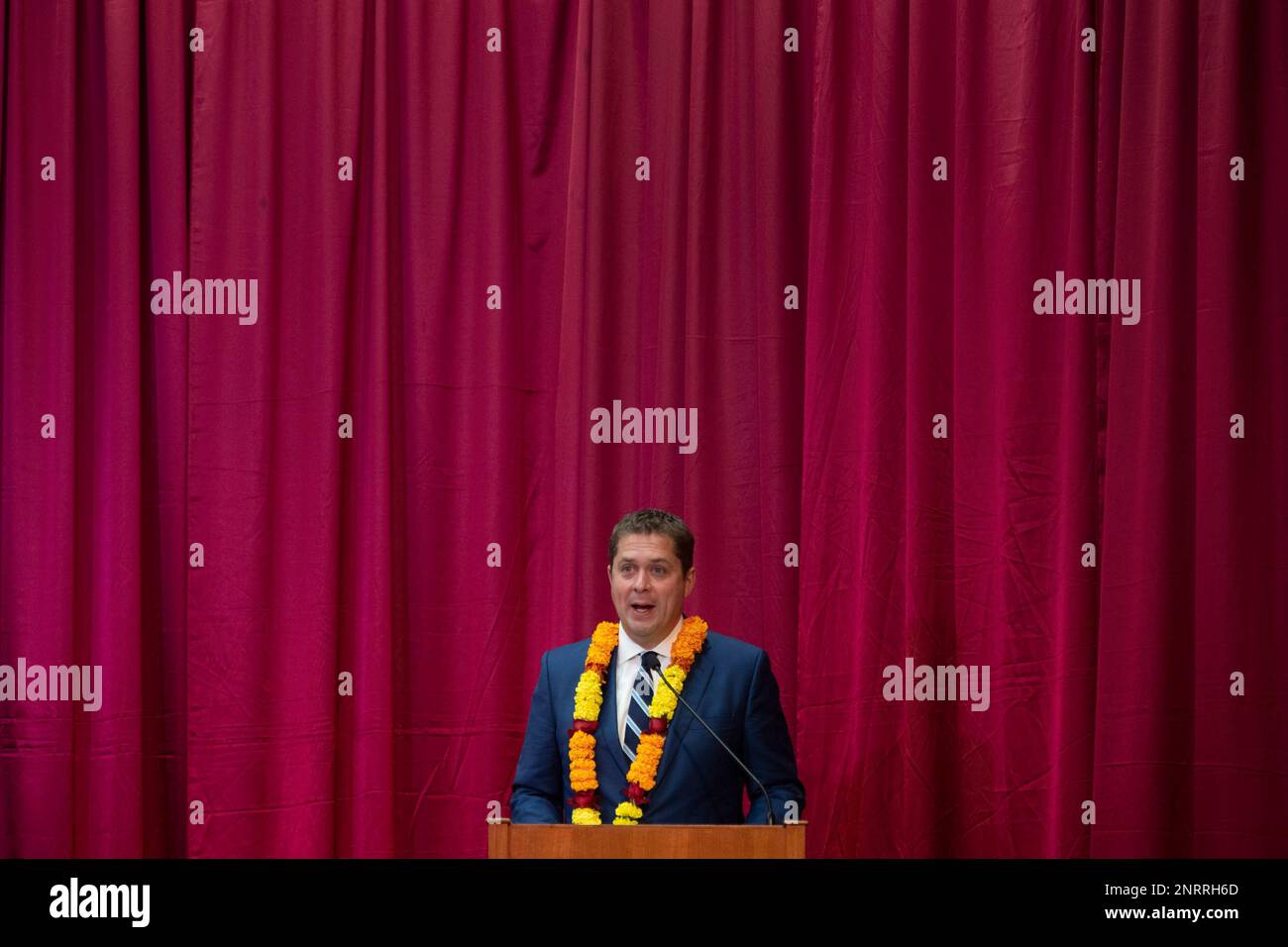 Conservative Leader Andrew Scheer speaks during a visit to the BAPS ...