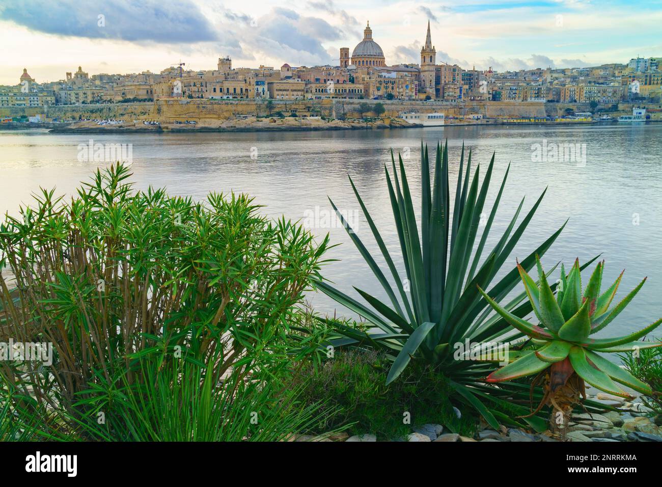 Valletta morning skyline with Basilica of Our Lady of Mount Carmel as ...