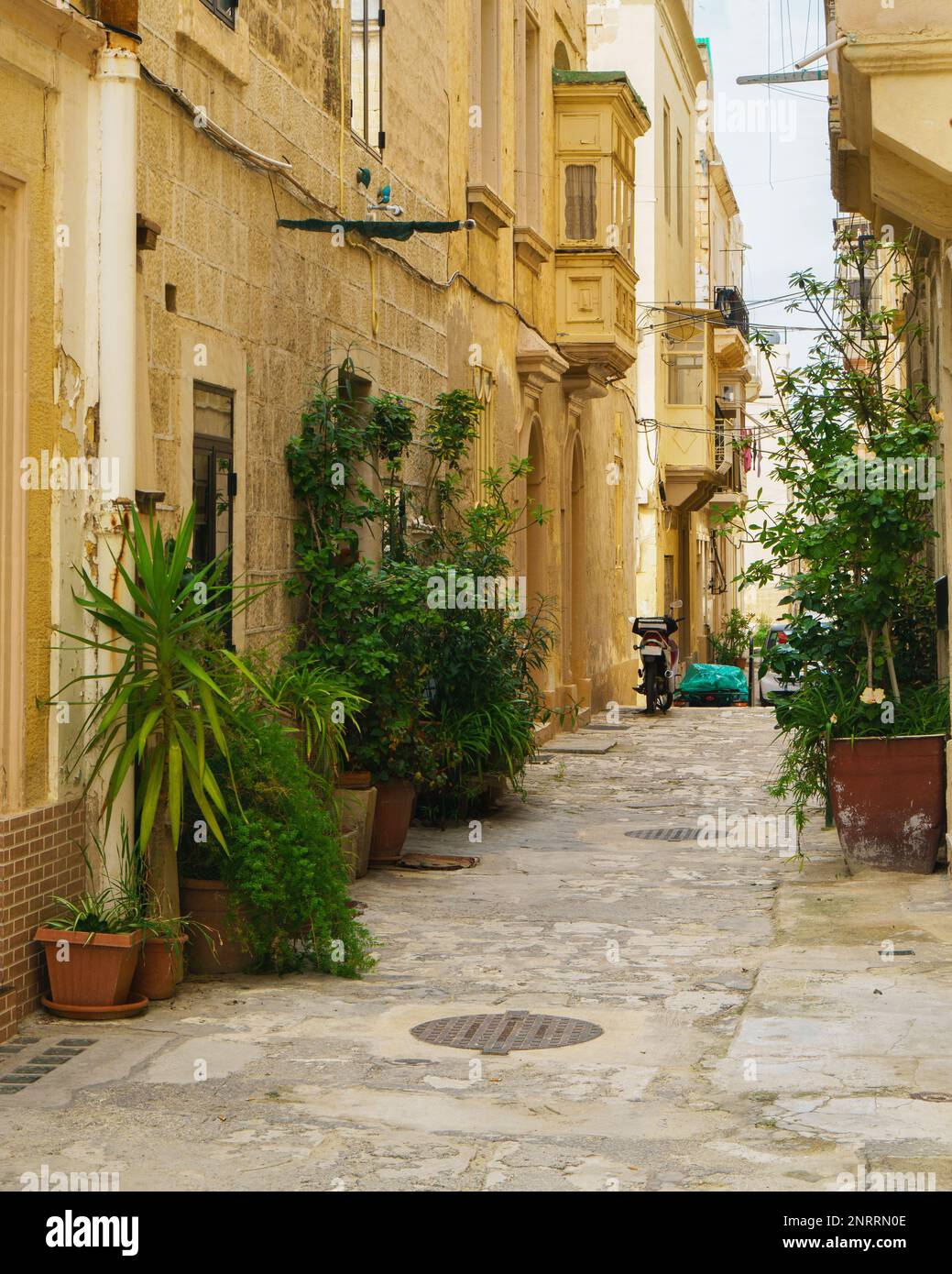 The medieval old town typical narrow street in the city Valletta on the ...