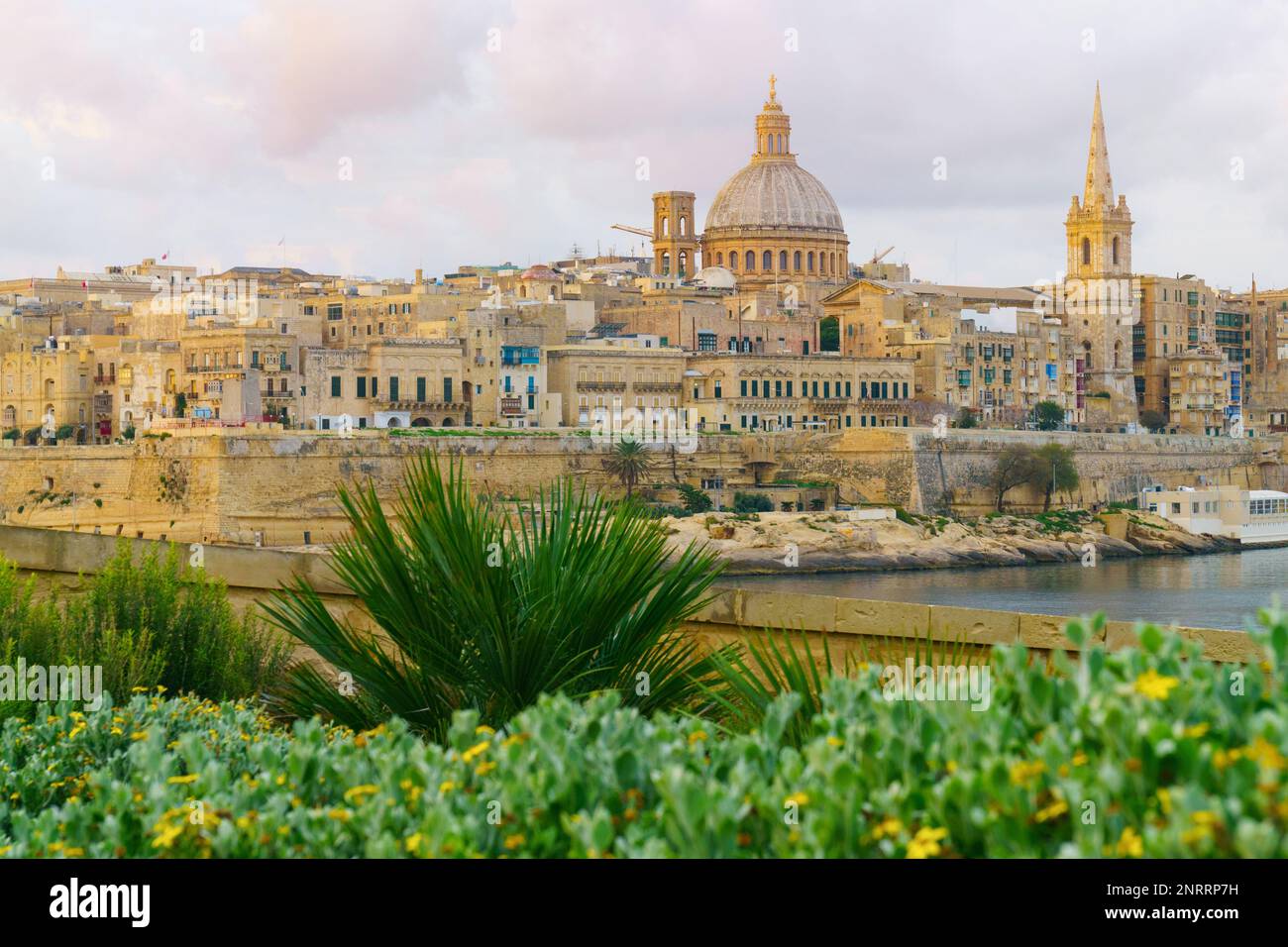 Valletta morning skyline with Basilica of Our Lady of Mount Carmel as ...