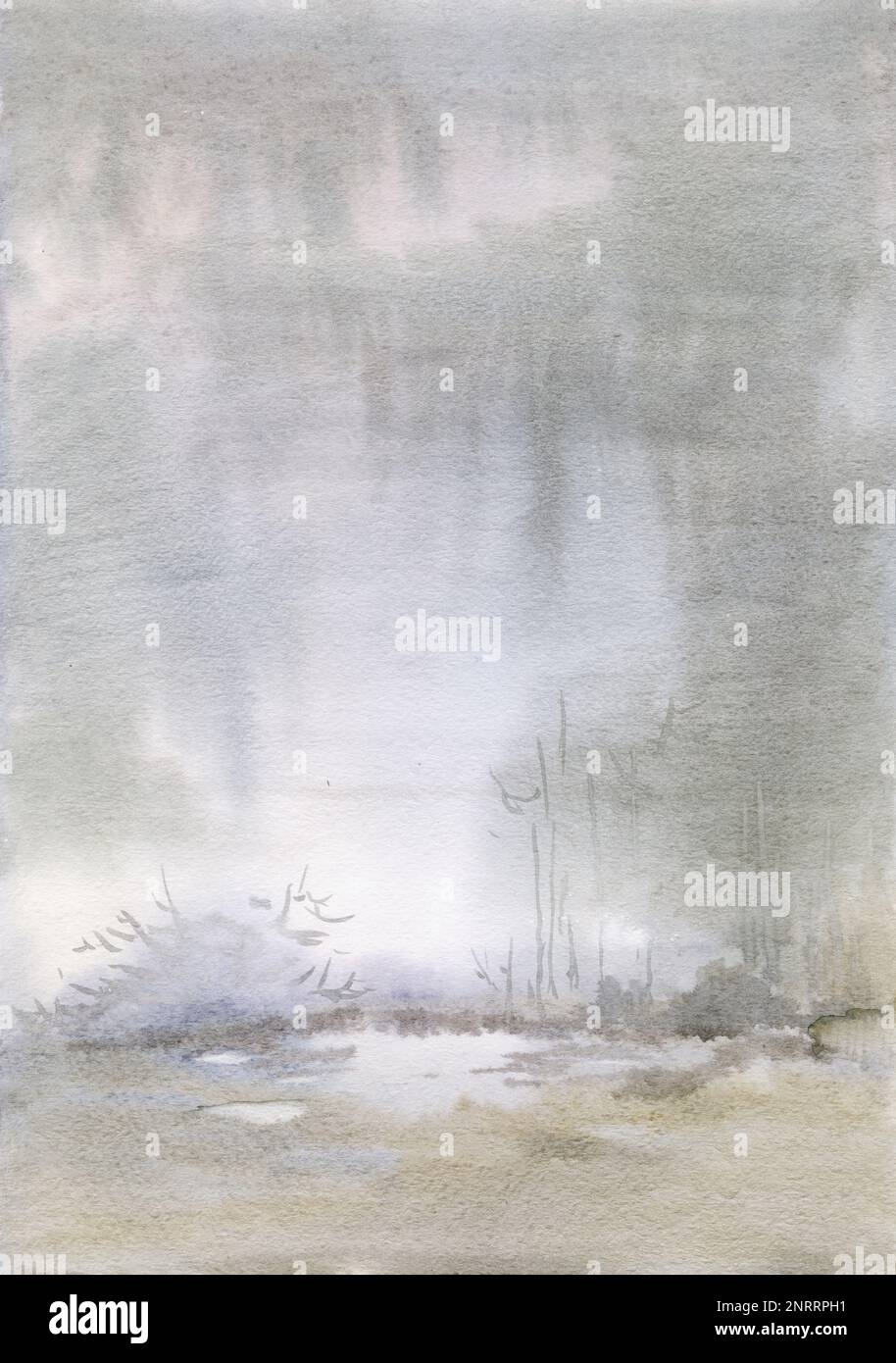 River and forest in a milky gray mist. Watercolor hand drawn vertical ...