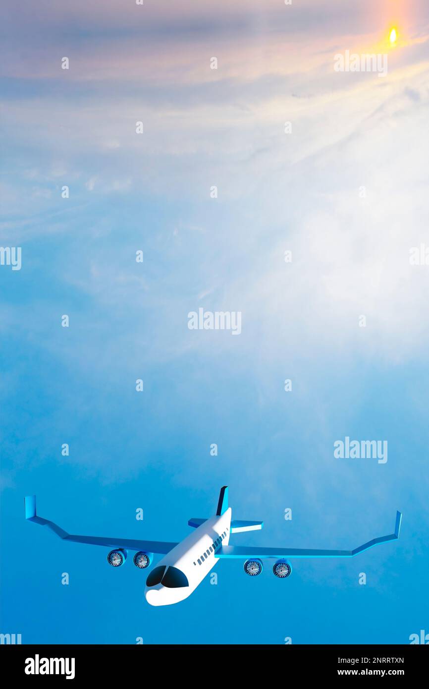Airplane flying through the air and blue sky at 36,000 feet with wings ...