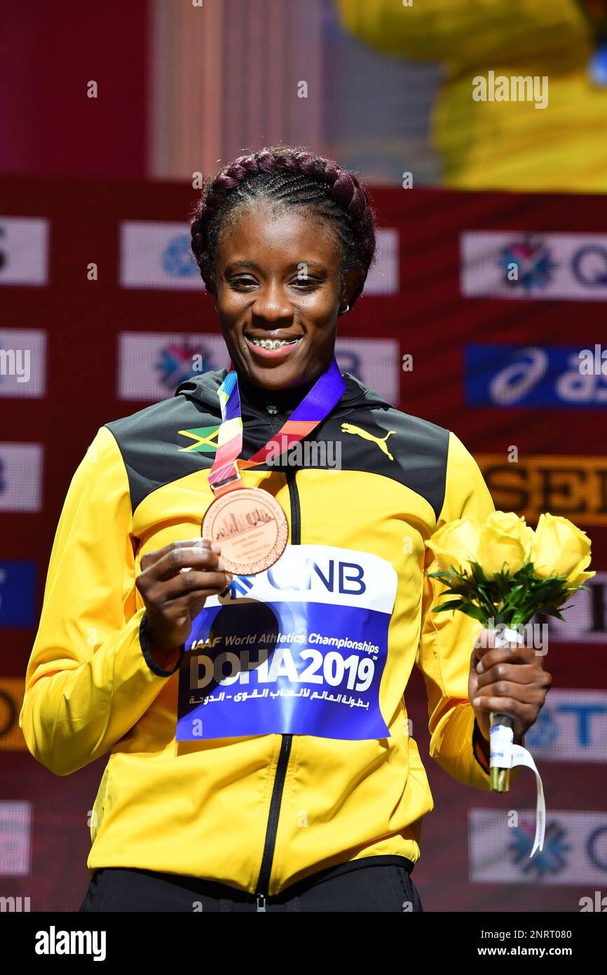 Danielle Williams (JAM) poses with the bronze medal after placing third ...