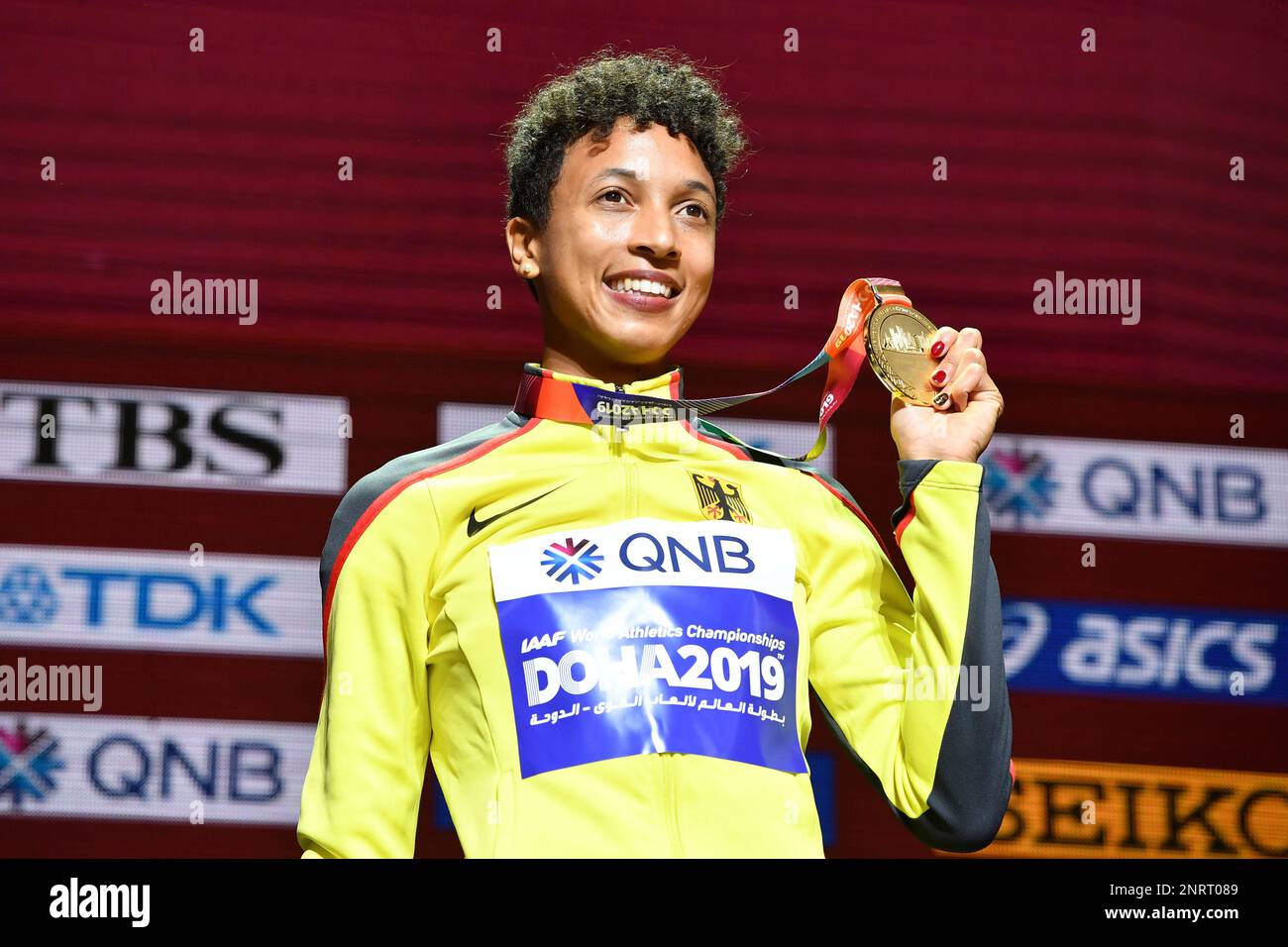 Women's long jump winner Malaika Mihambo (GER) poses with the gold ...