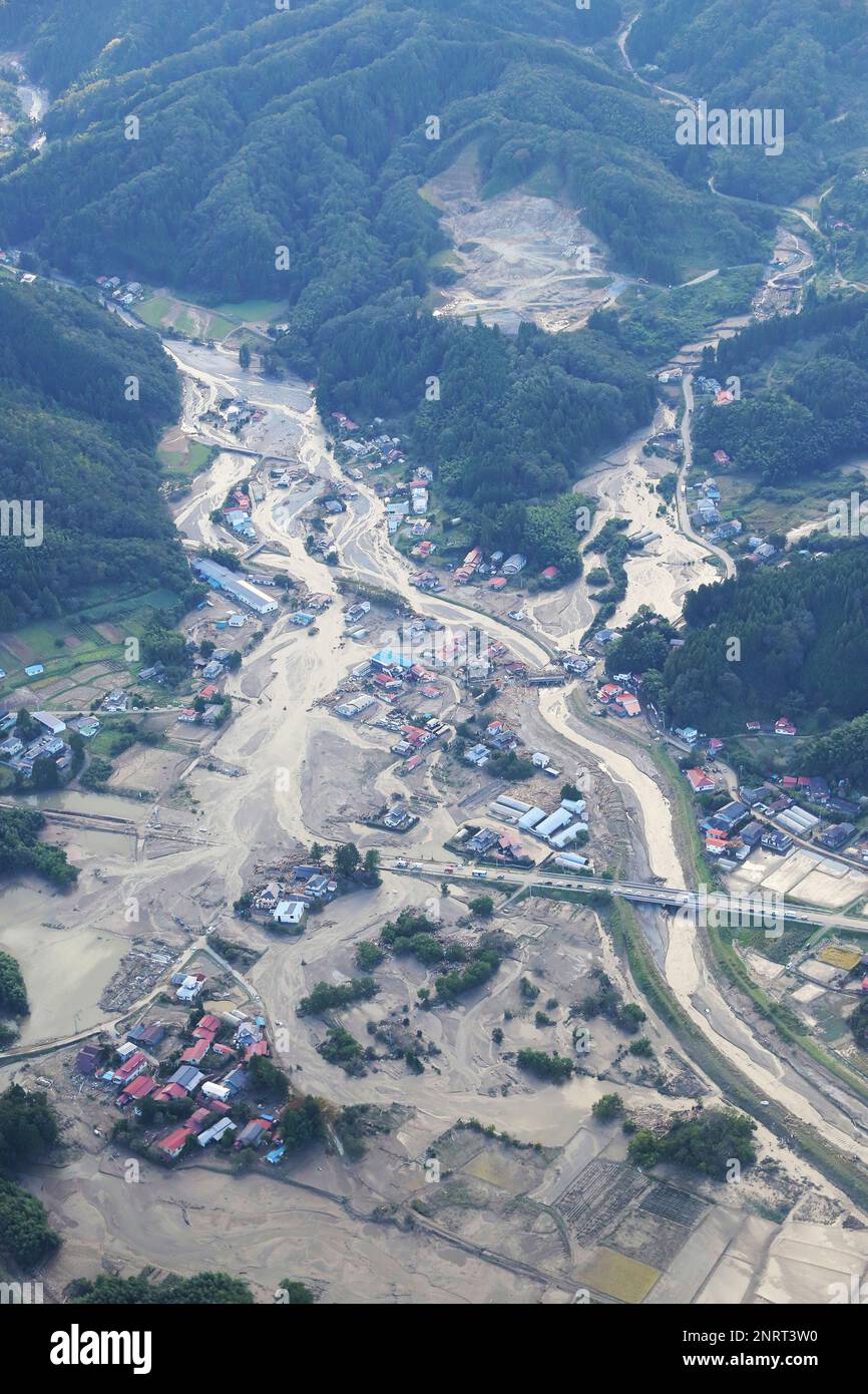 An aerial photo shows a residential area where was flooded as the banks ...