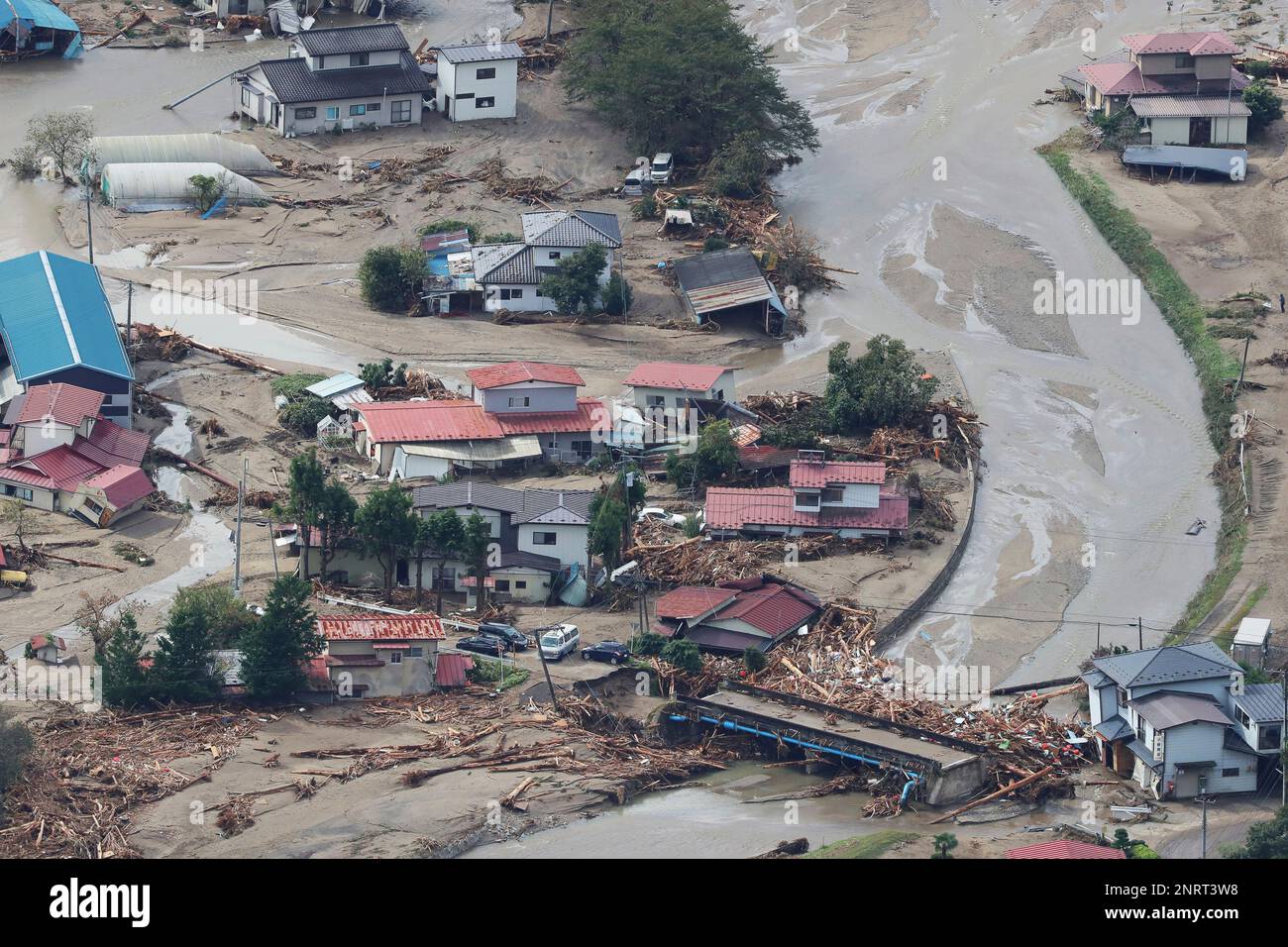 An aerial photo shows a residential area where was flooded as the banks ...