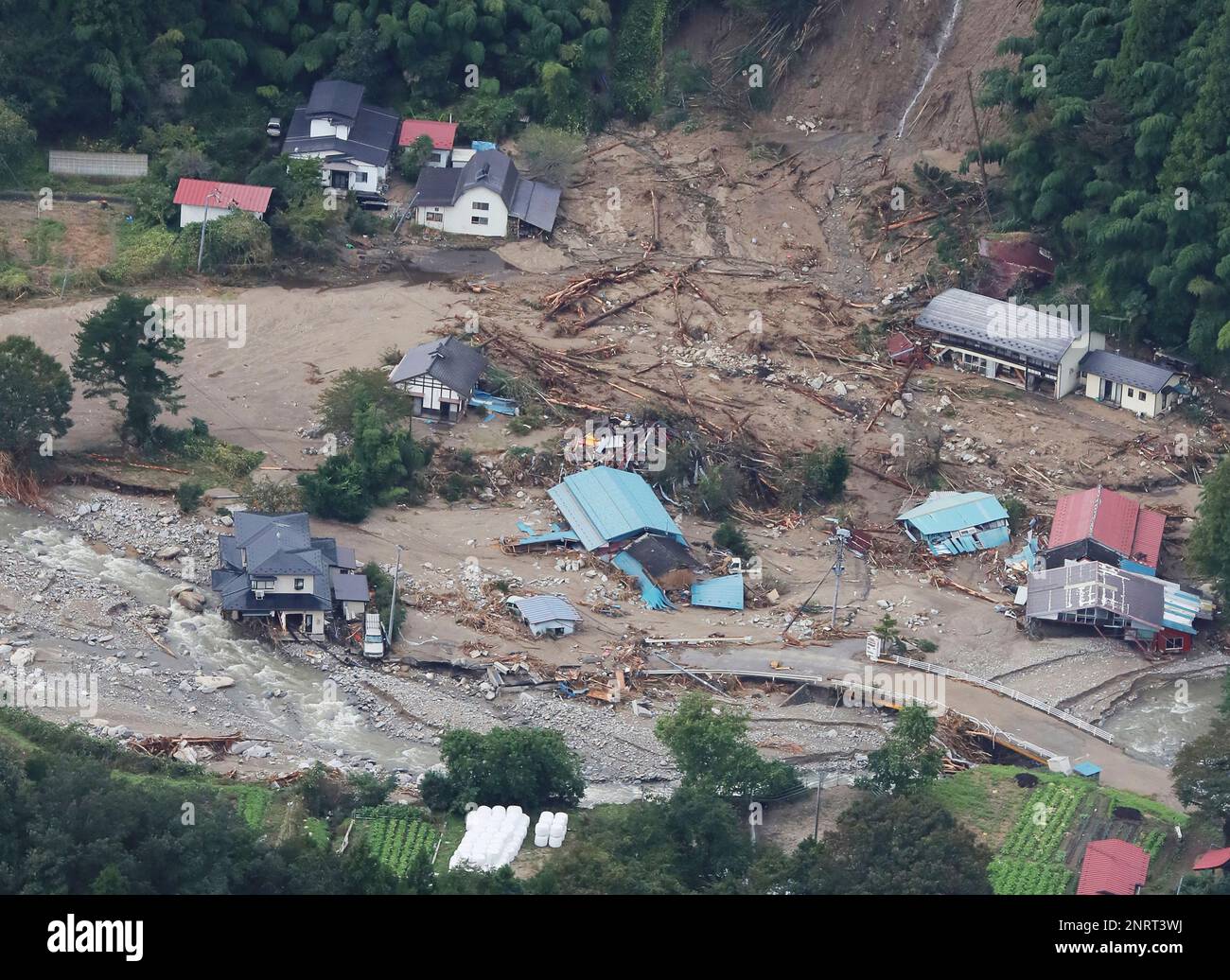 An aerial photo shows a residential area where was flooded as the banks ...