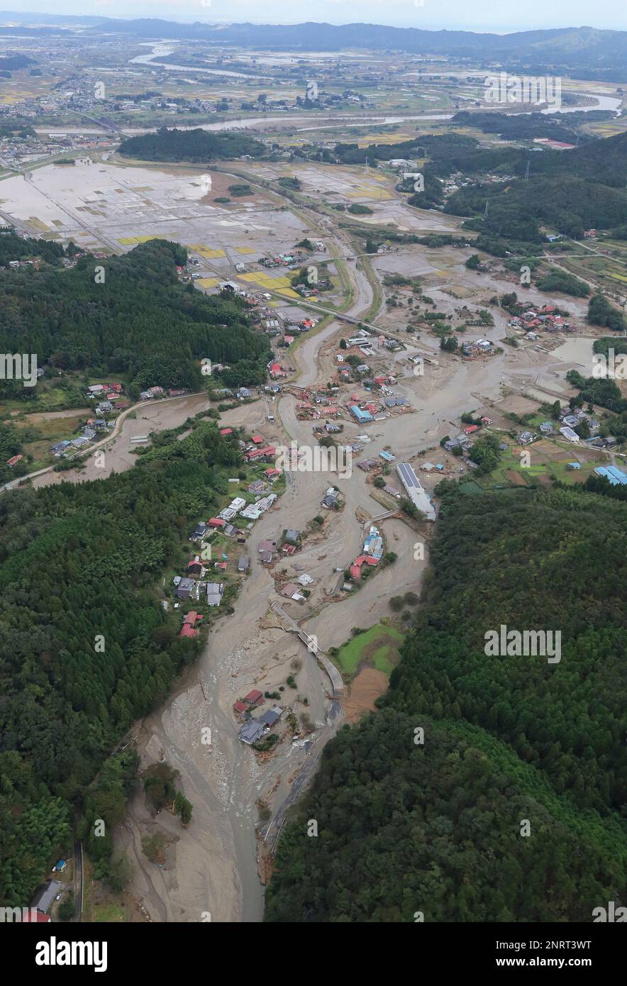An aerial photo shows a residential area where was flooded as the banks ...