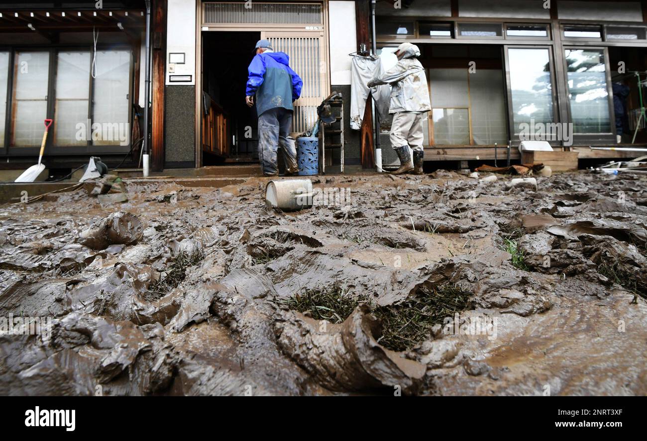 A photo shows a residential area where was flooded as the banks of ...