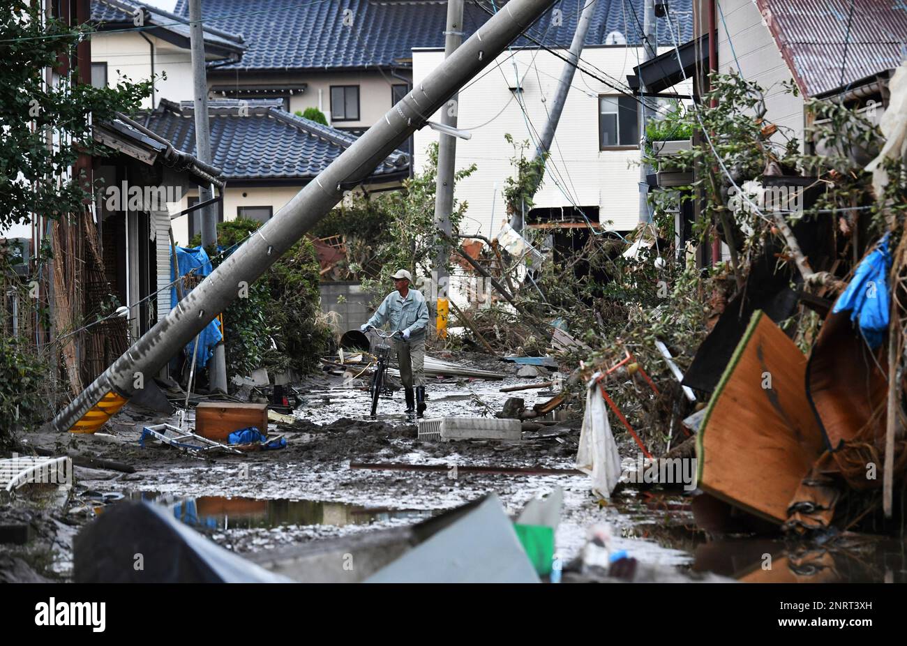 A photo shows a residential area where was flooded as the banks of ...
