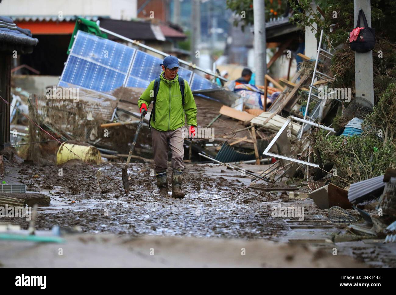 A photo shows a residential area where was flooded as the banks of ...