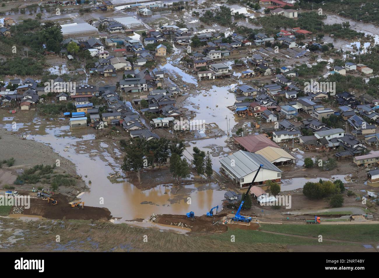 An aerial photo shows a residential area where was flooded as the banks ...