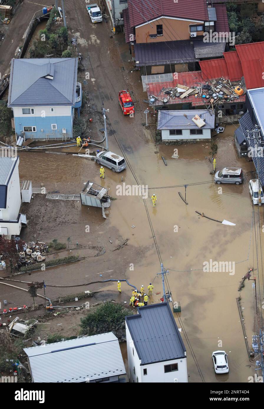 An aerial photo shows a residential area where was flooded as the banks ...