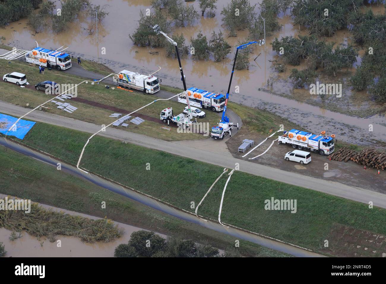 An aerial photo shows the drainage work in Nagano City, Nagano ...