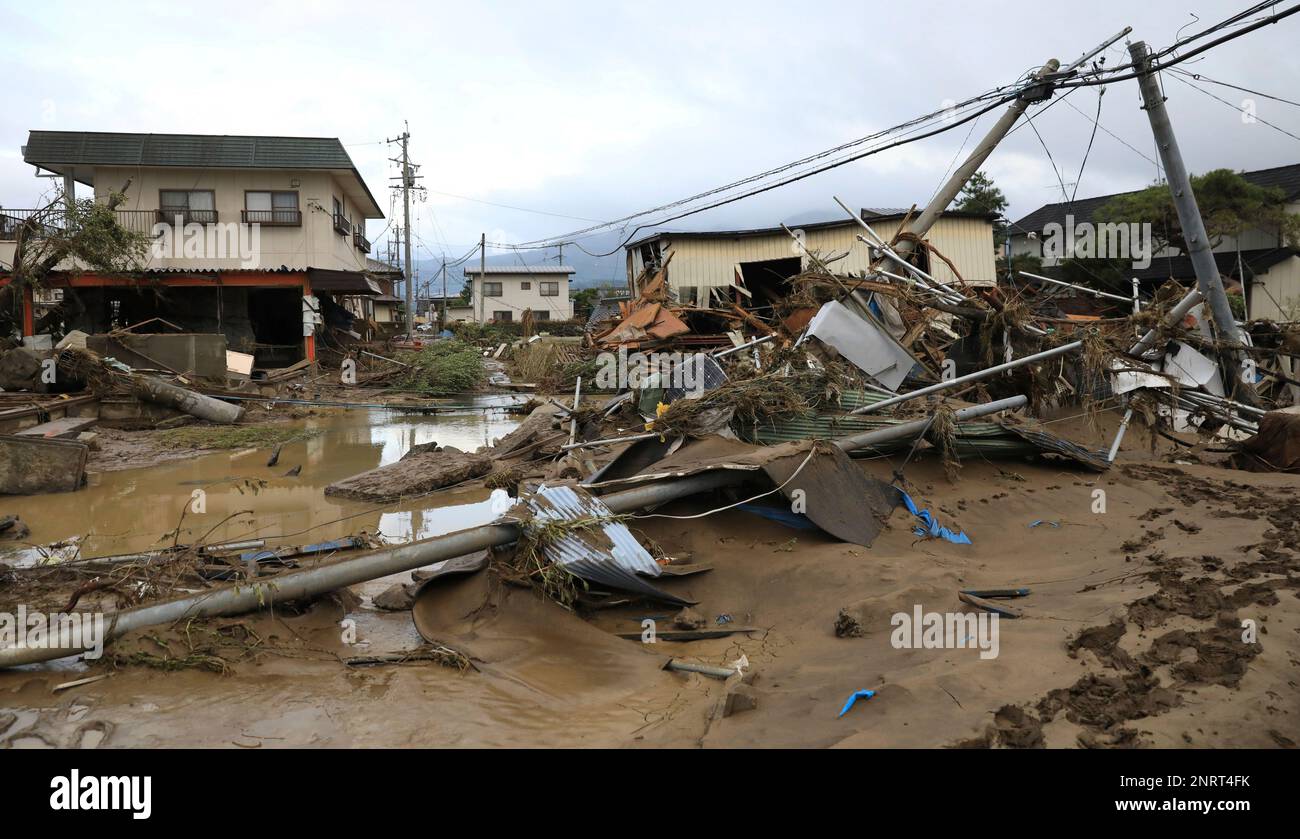 A photo shows a residential area where was flooded as the banks of ...