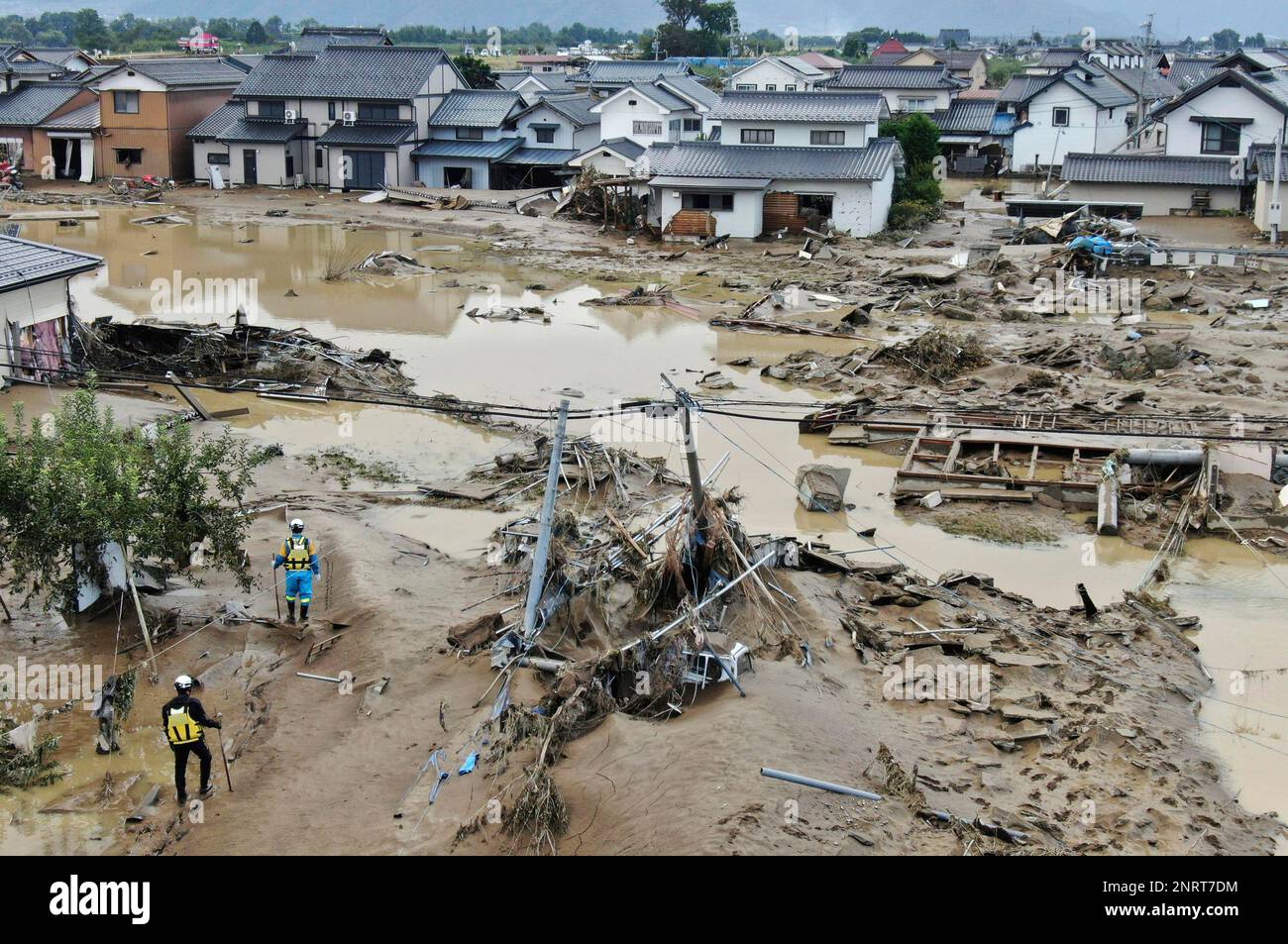 This photo shows a flooded area in Nagano, central Japan following ...