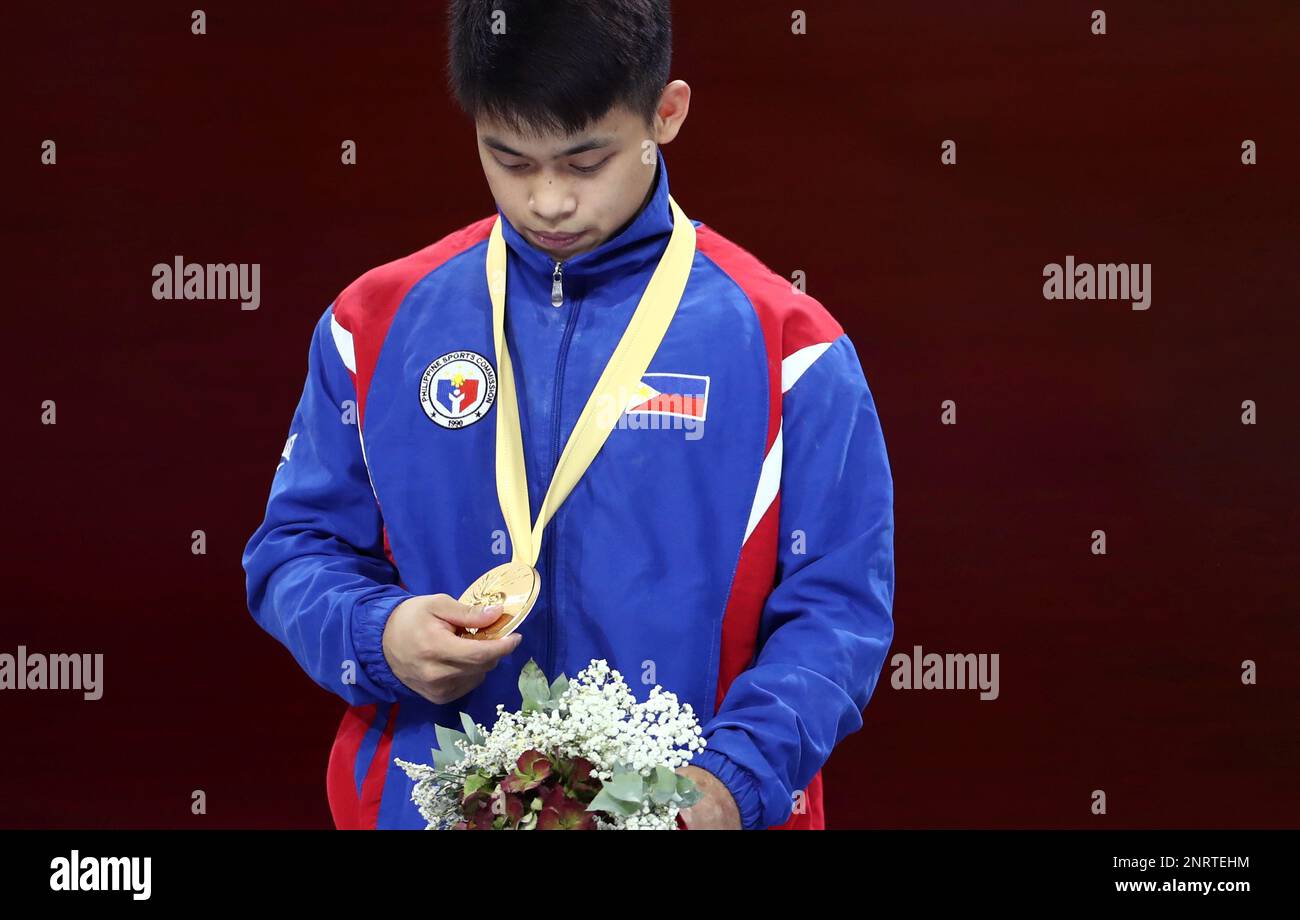 Carlos Edriel Yulo of Philippines celebrates during an award ceremony ...