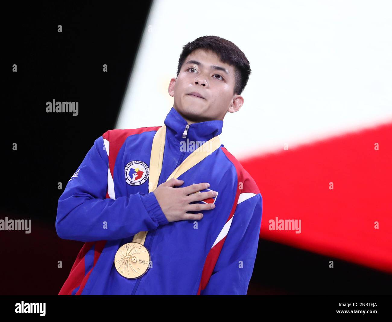 Carlos Edriel Yulo of Philippines celebrates during an award ceremony ...