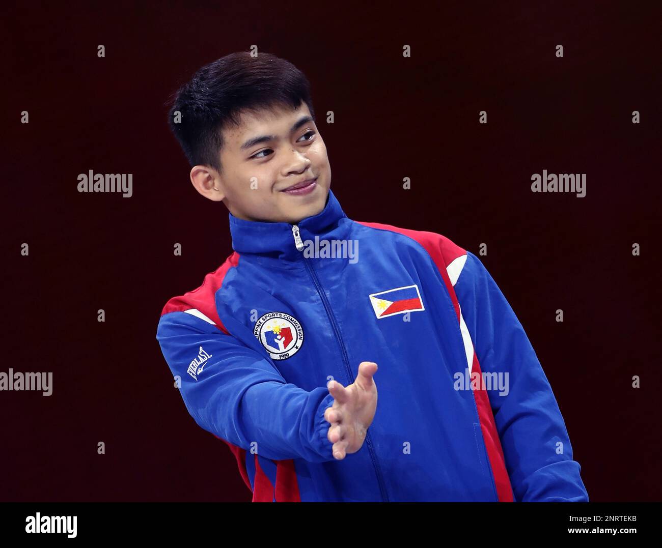 Carlos Edriel Yulo of Philippines celebrates during an award ceremony ...