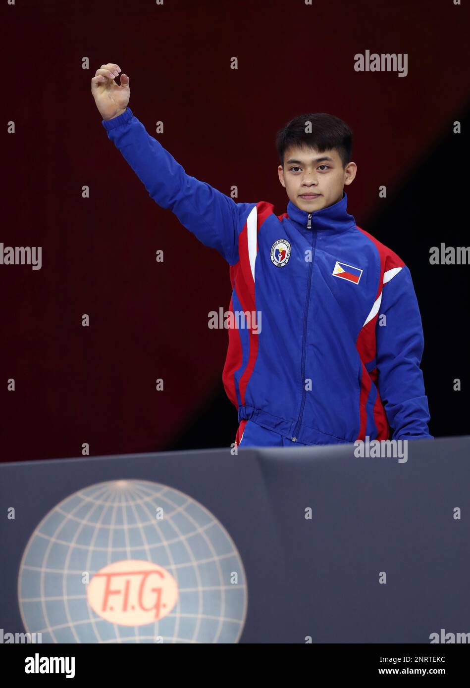 Carlos Edriel Yulo of Philippines celebrates during an award ceremony ...