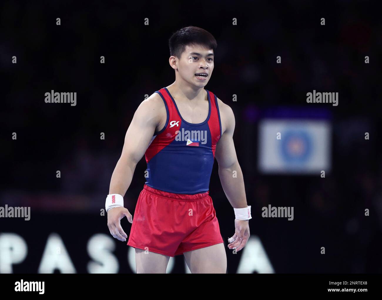 Carlos Edriel Yulo of Philippines reacts after performing final apparatus of men floor in the ...