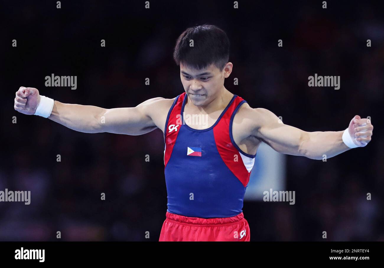 Carlos Edriel Yulo of Philippines reacts after performing final ...
