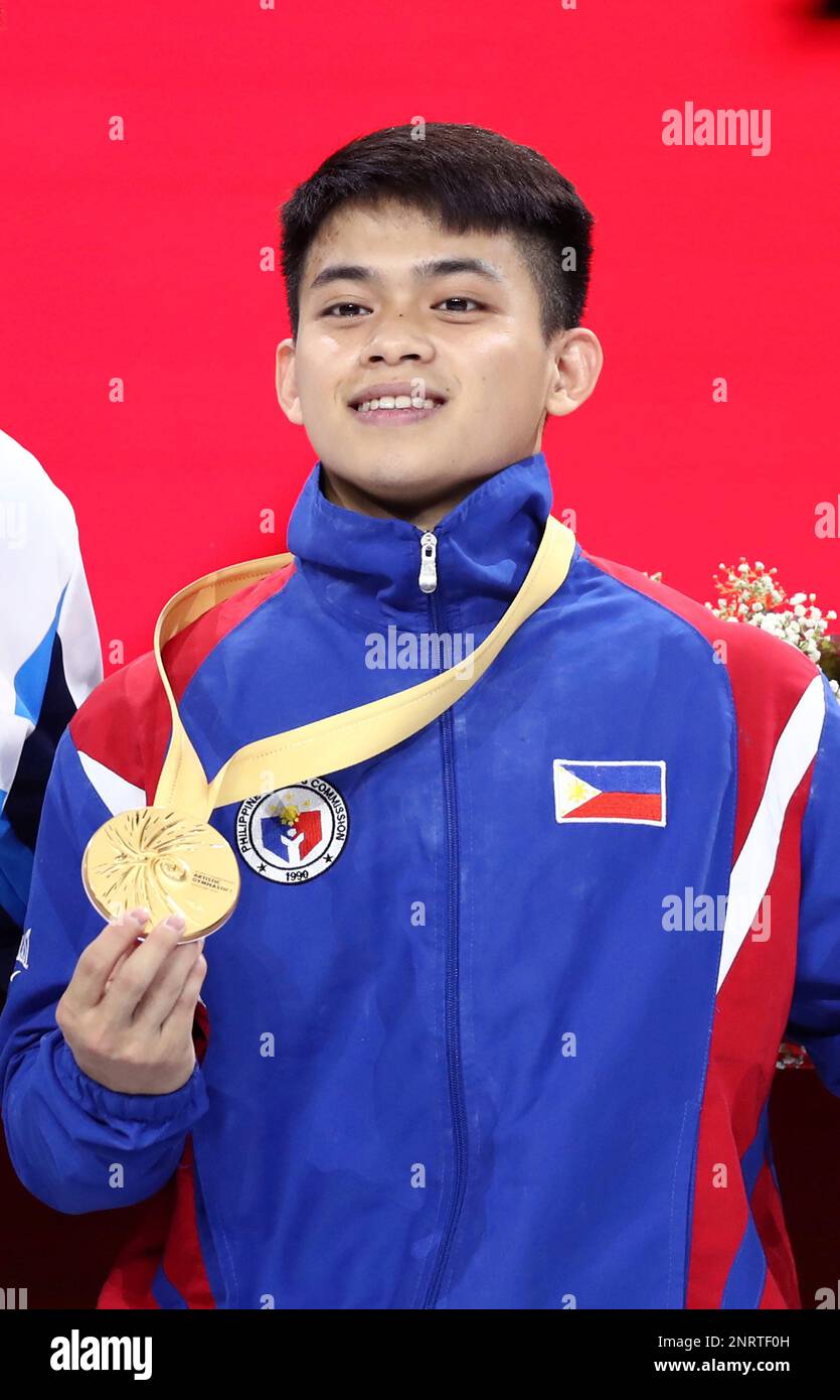 Carlos Edriel Yulo of Philippines celebrates during an award ceremony ...
