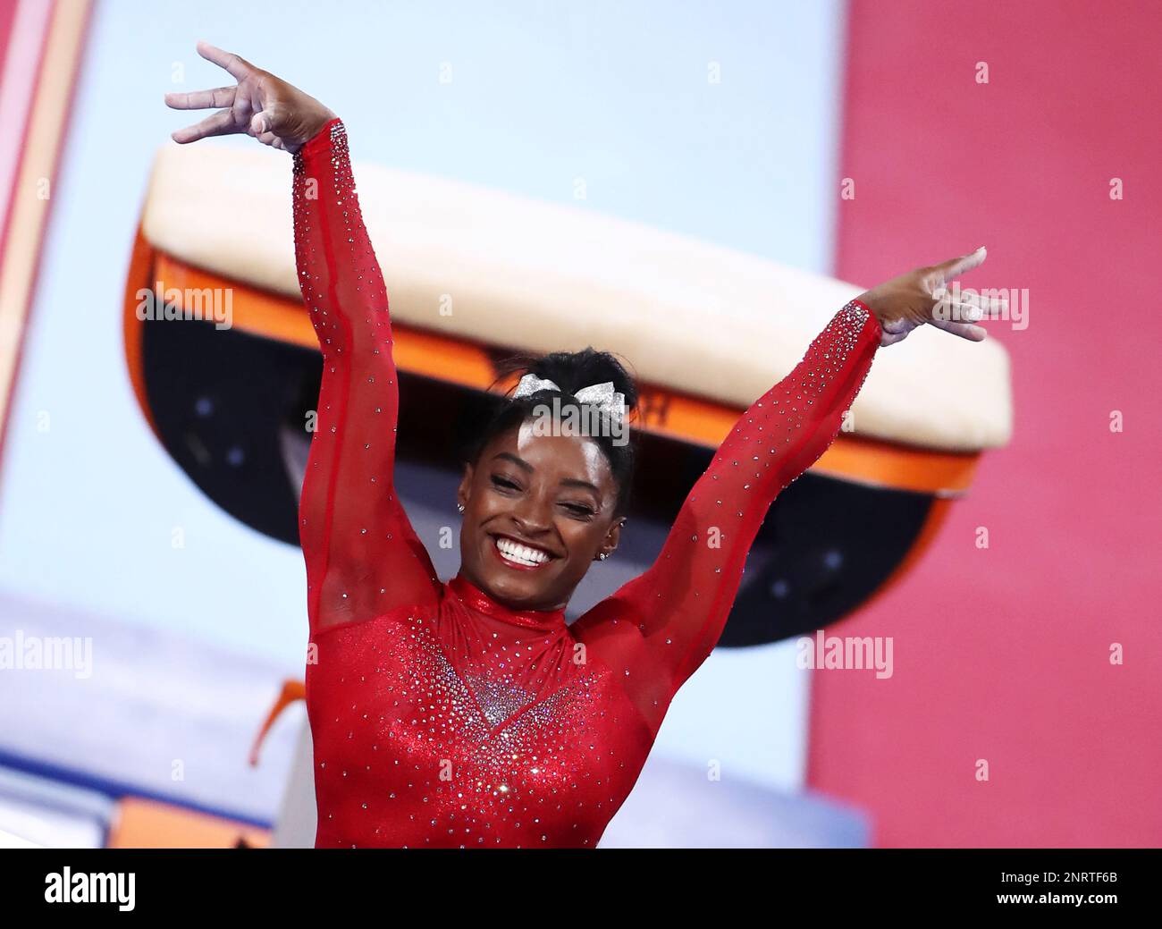 Simone Biles of U.S.A. reacts after performing final apparatus of women ...