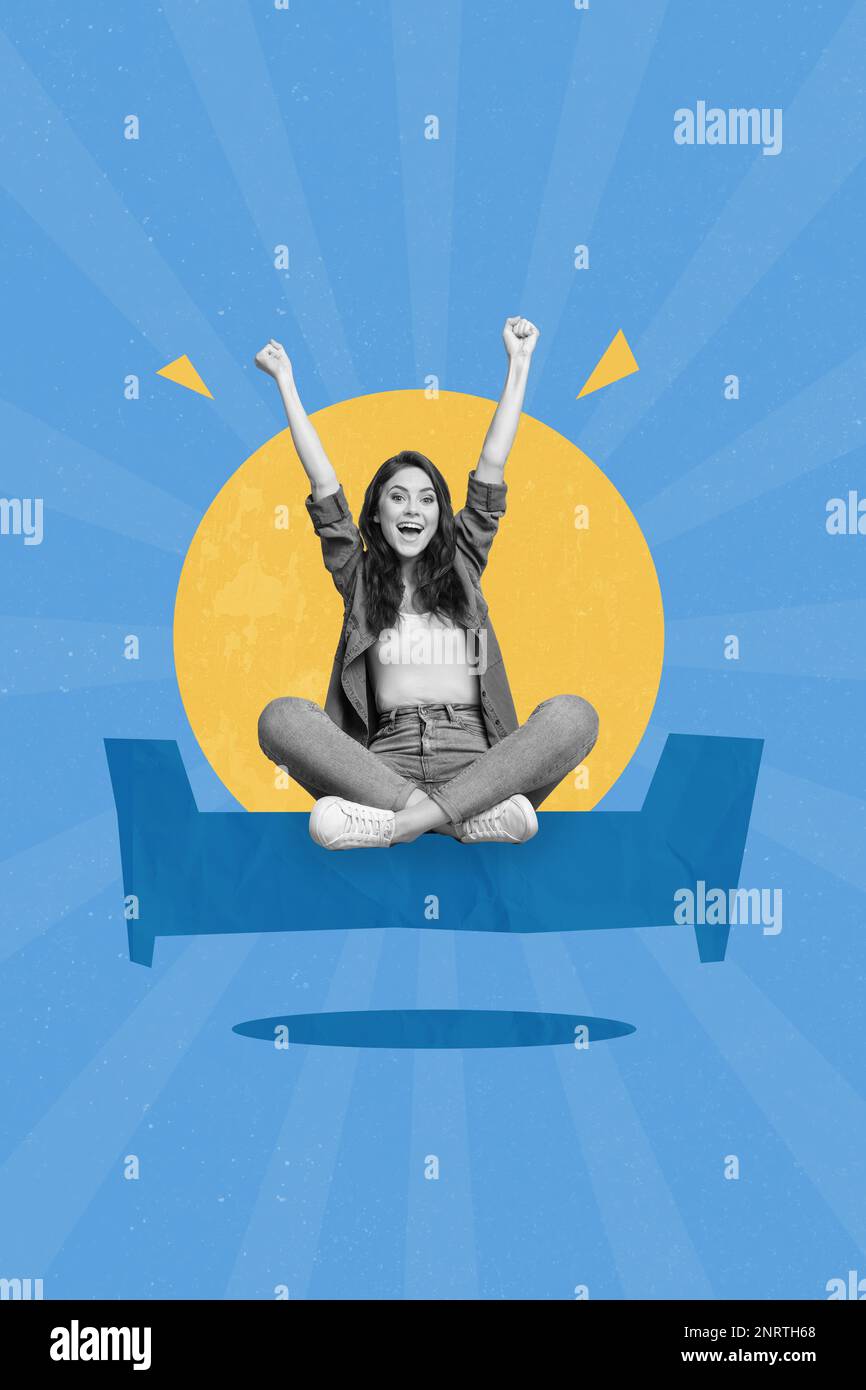 Collage bright photo picture poster postcard of smiling lady good mood ...