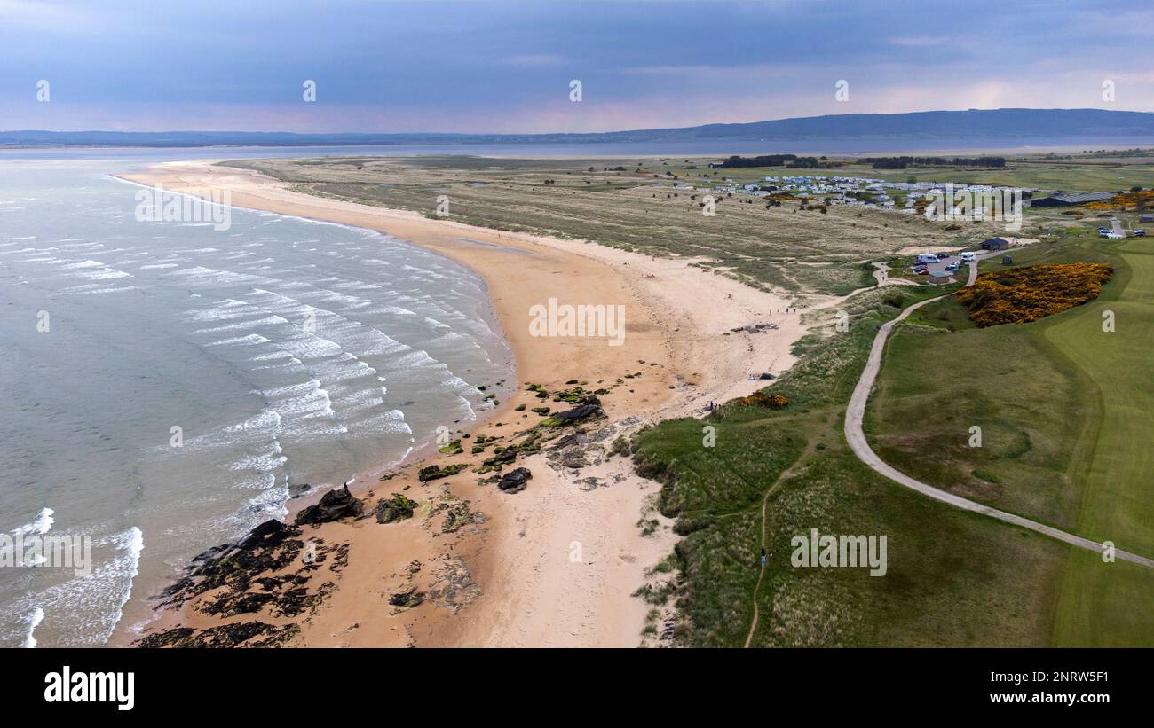 Aerial view of Royal Dornoch Golf Links, and Dornoch beach, one of the ...