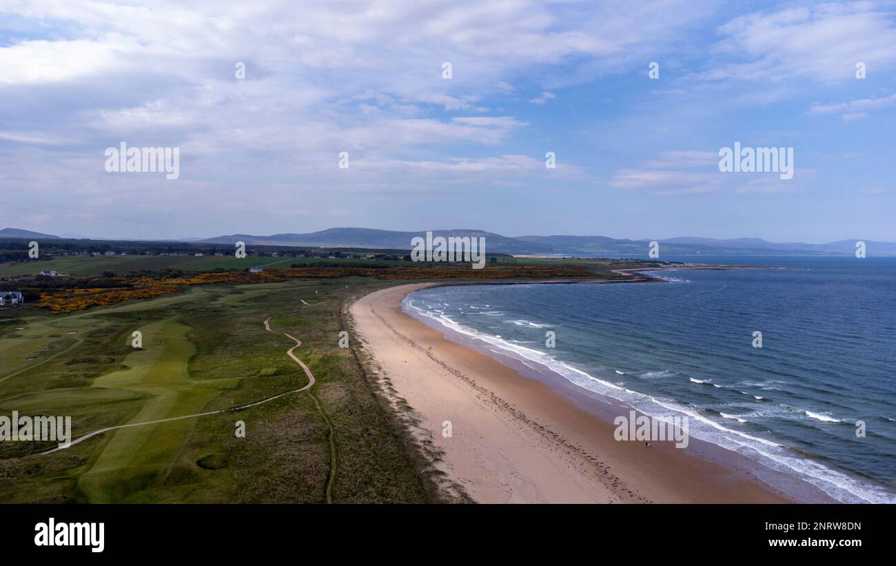 Aerial view of Royal Dornoch Golf Links, and Dornoch beach, one of the ...